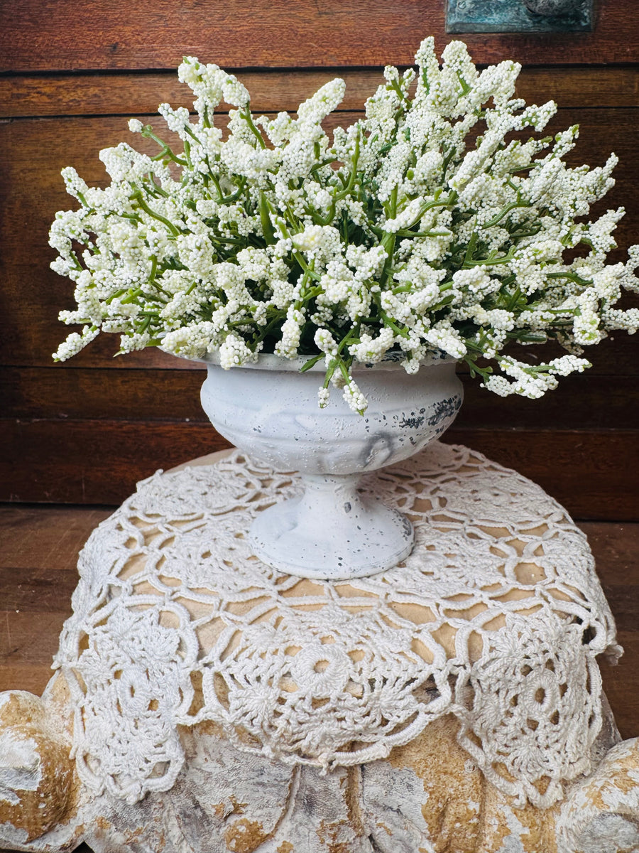 DISTRESSED PEDESTAL COMPOTE WITH WHITE SPHERE WREATH - 2 AVAILABLE ...